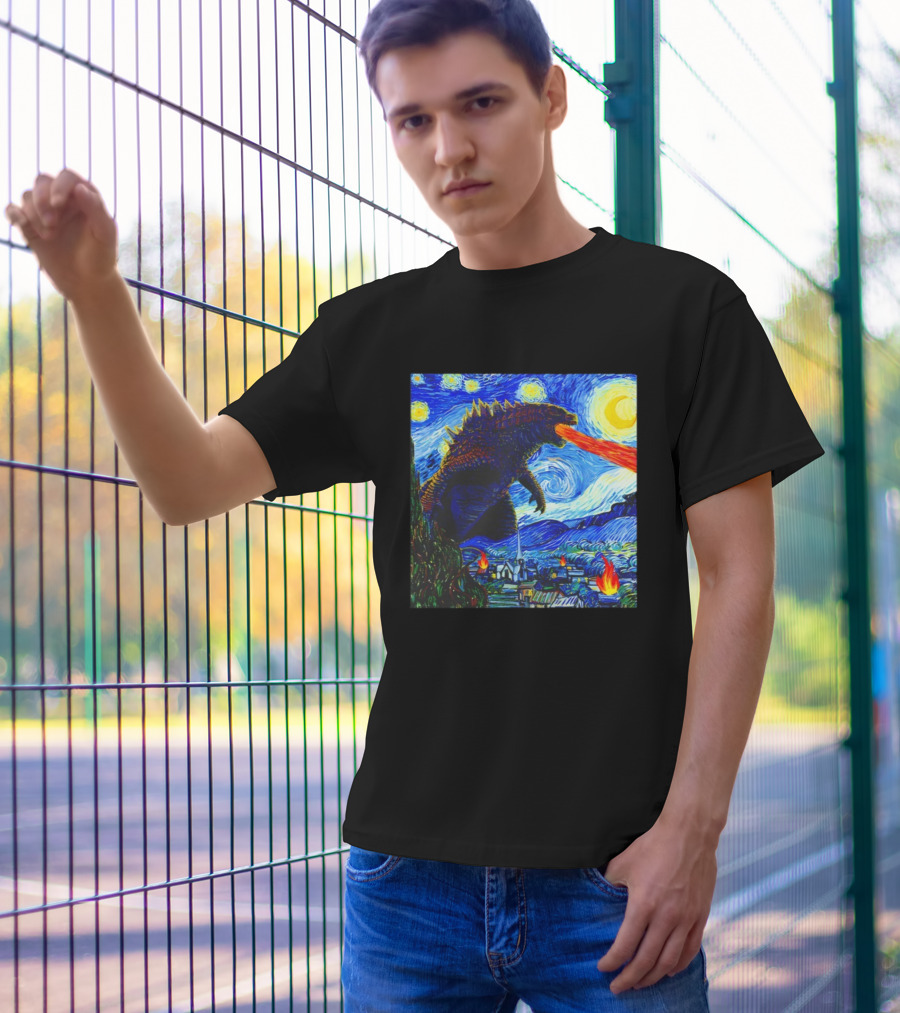 Godzilla Van Gogh Starry Night Mashup Scene T-Shirt