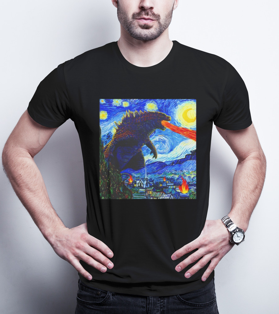 Godzilla Van Gogh Starry Night Mashup Scene T-Shirt
