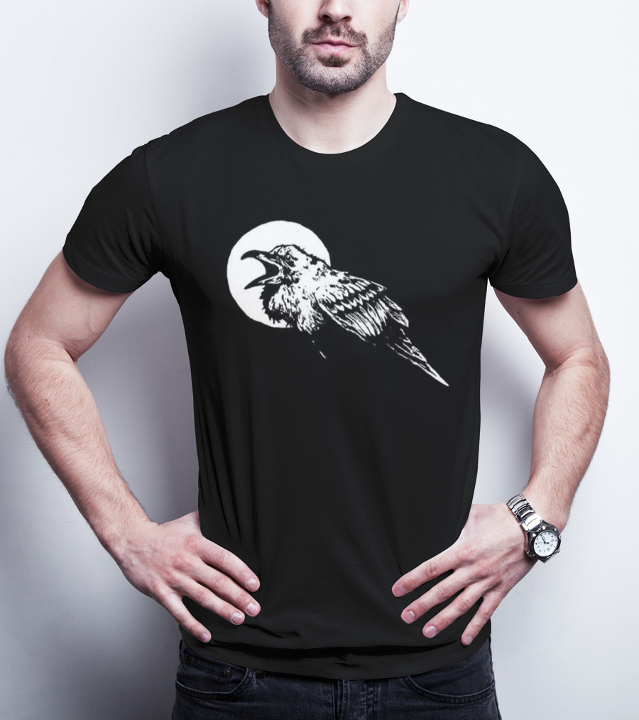 Raven Crow F Caw F Vintage Retro Bird Full Moon Silhouette In Flight T-Shirt
