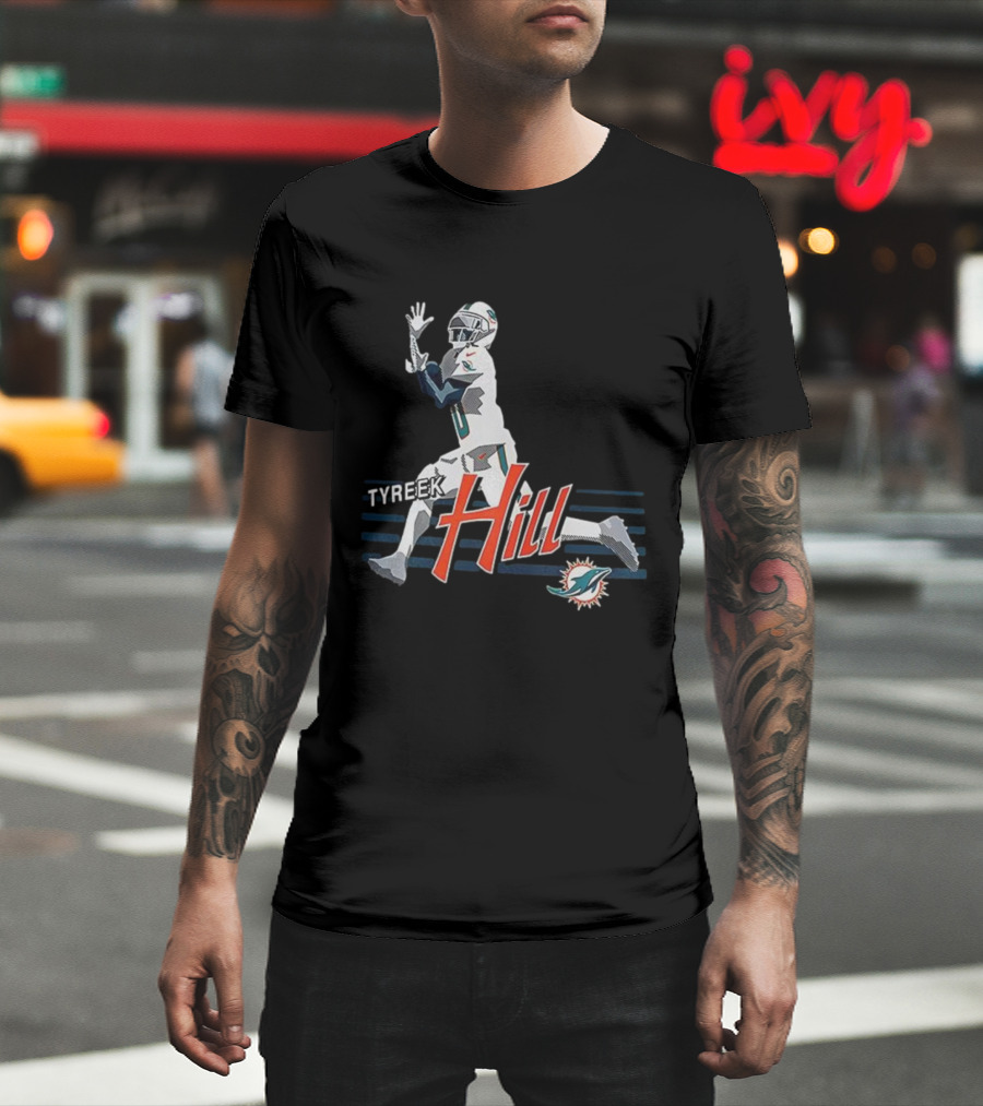 Tyreek Hill Miami Dolphins Receiving Ball Action Football T-Shirt