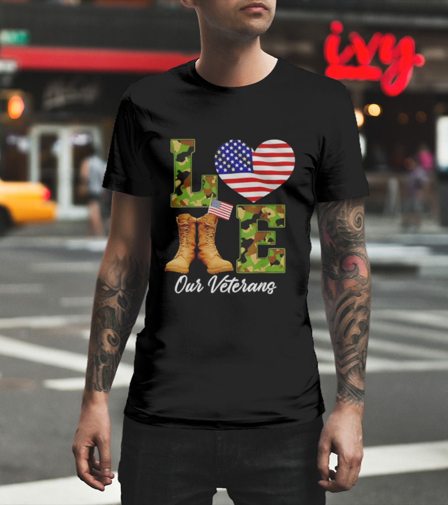 Love Veterans Day American Flag Military Camouflage Boots T-Shirt