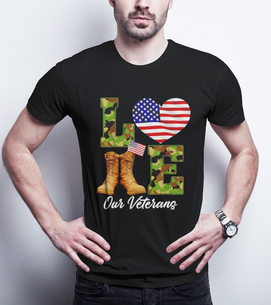 Love Veterans Day American Flag Military Camouflage Boots T-Shirt