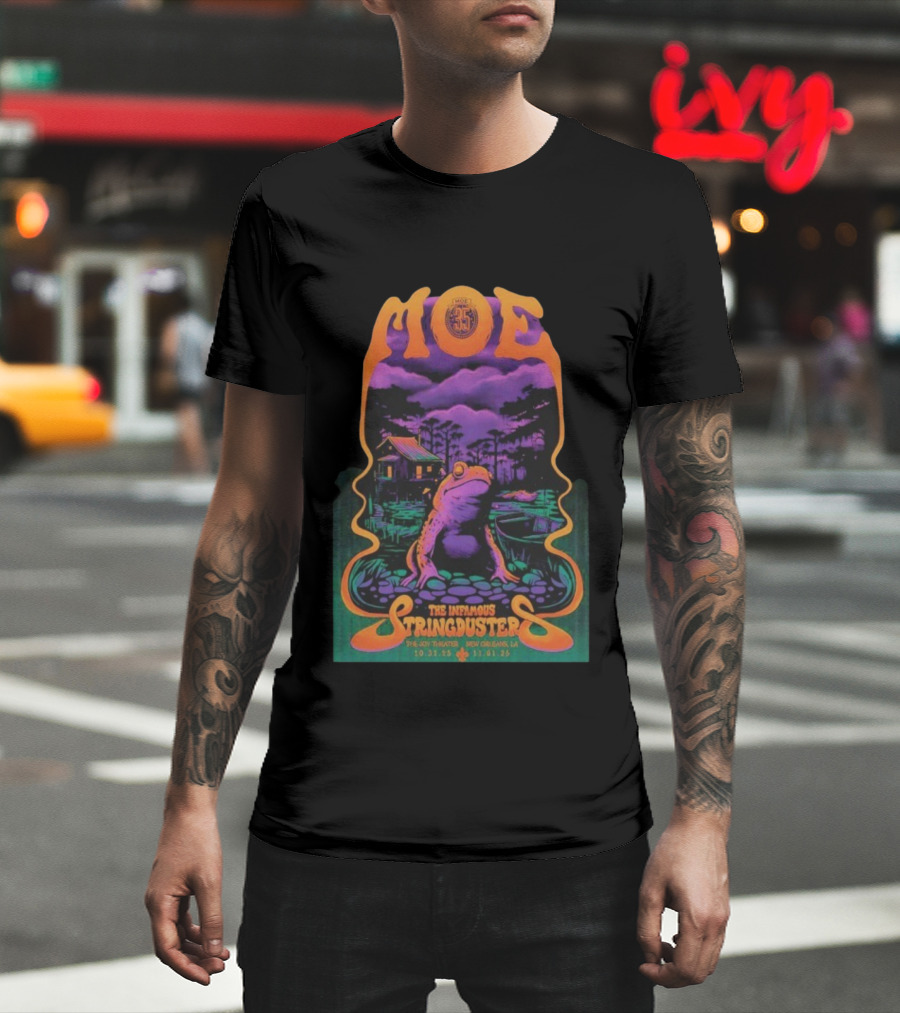 Moe. The Infamous Stringduster Halloween 2025 New Orleans Joy Theater Frog Swamp Scene T-Shirt