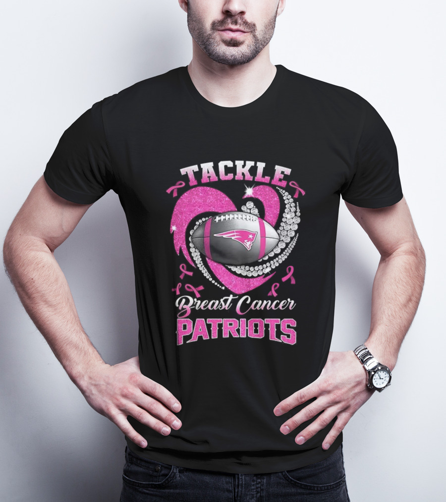 Tackle Breast Cancer New England Patriots Pink Ribbon Heart Football T-Shirt