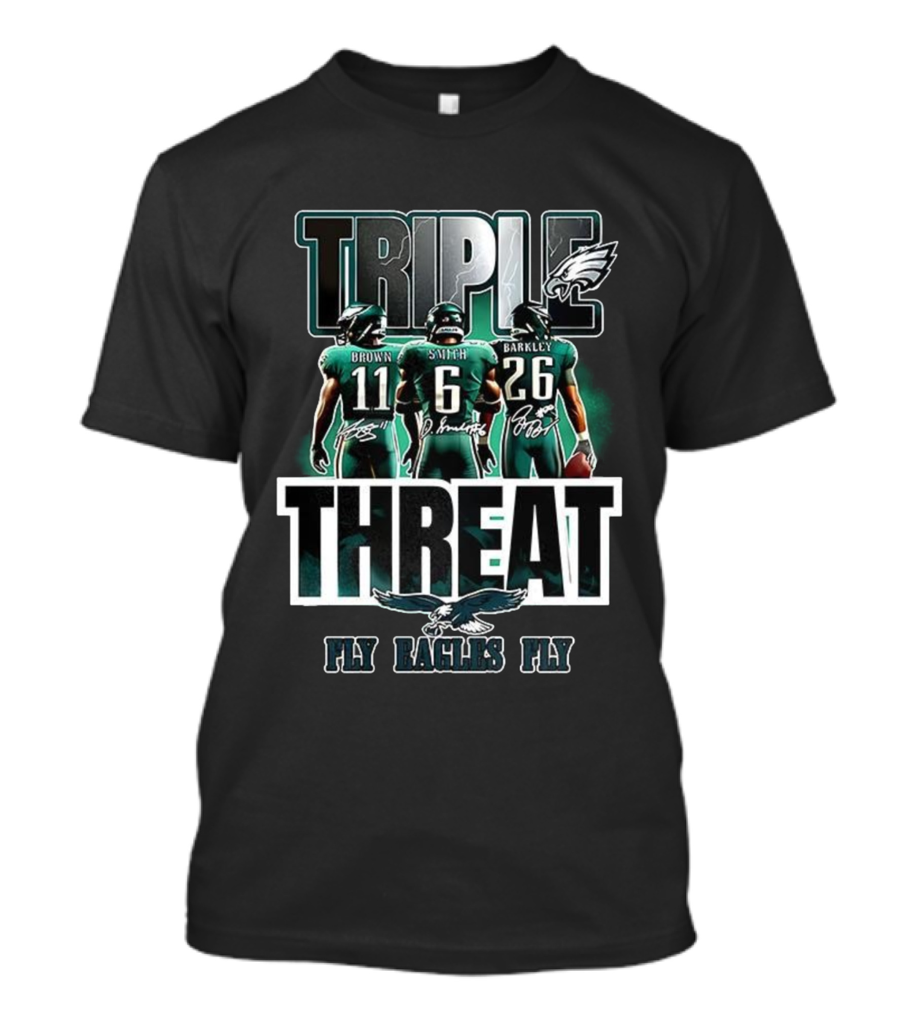 Philadelphia Eagles 2025 Triple Threat Fly Eagles Fly Brown Smith Barkley T-Shirt