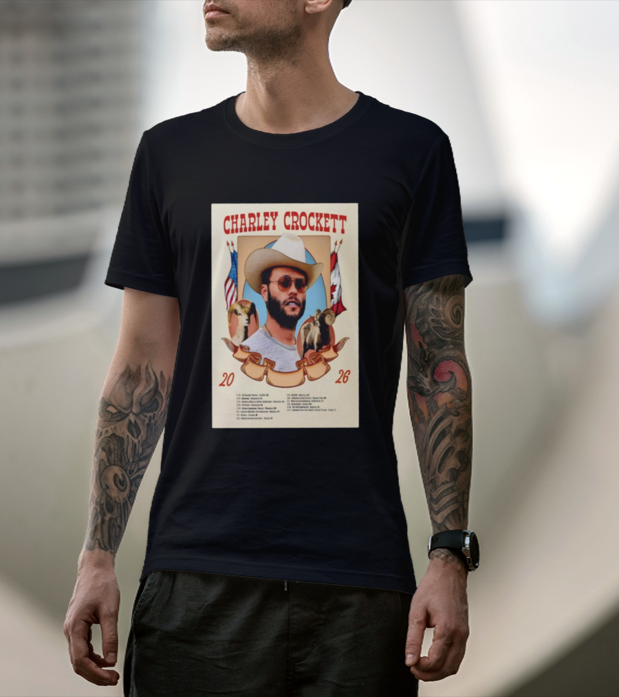 Charley Crockett Tour 2026 American Canadian Flags Vintage Style T-Shirt