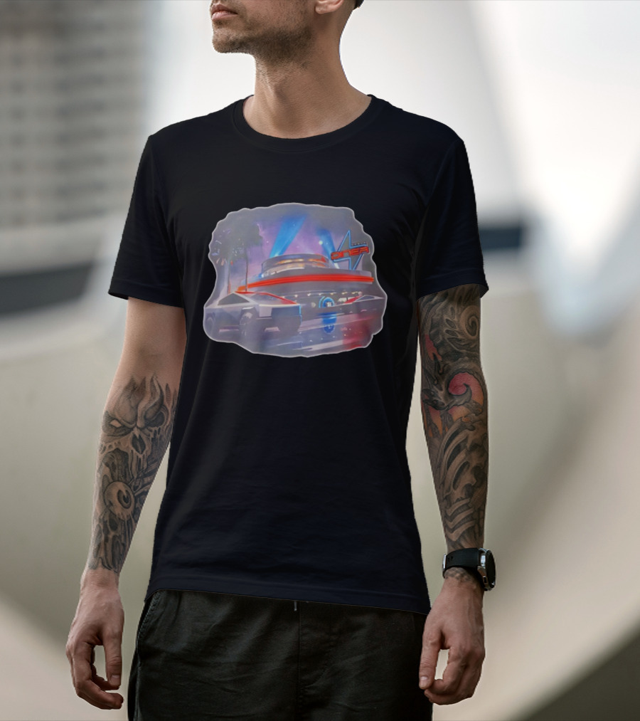 Tesla Cybertruck Hollywood Retro Diner Neon Night Scene T-Shirt