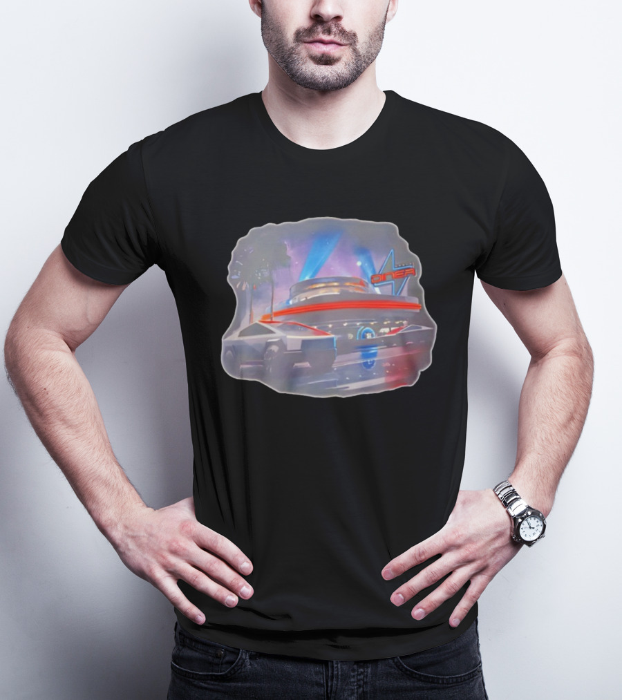 Tesla Cybertruck Hollywood Retro Diner Neon Night Scene T-Shirt