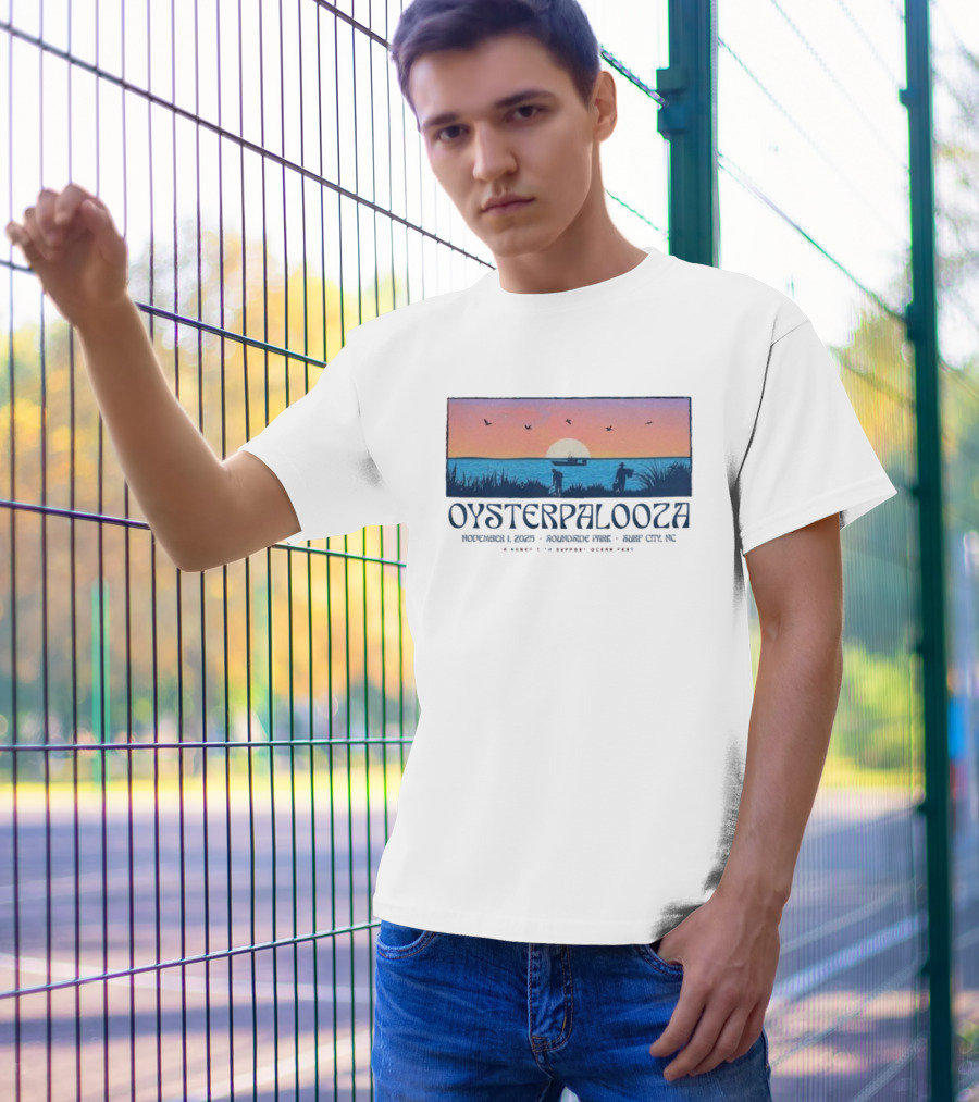 Oysterpalooza Benefit Support Ocean Fest November 1 2025 Soundside Park Surf City NC Sunset Beach Scene T-Shirt