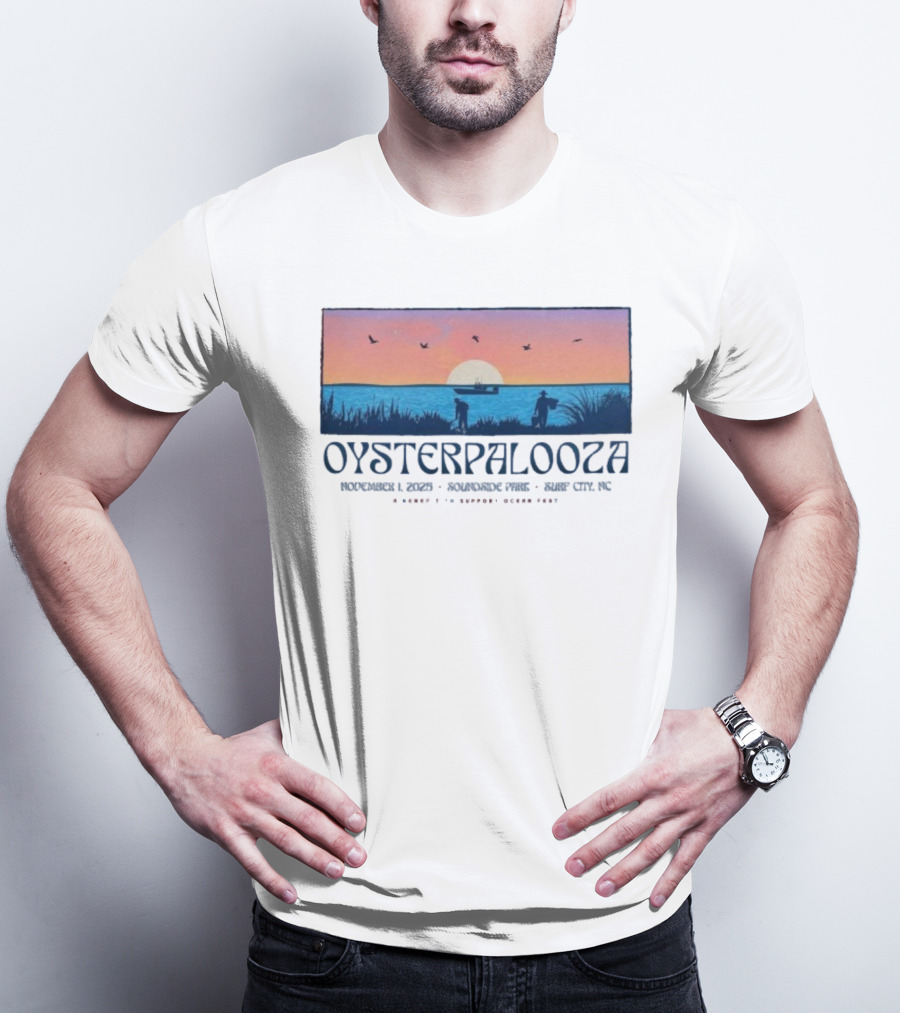 Oysterpalooza Benefit Support Ocean Fest November 1 2025 Soundside Park Surf City NC Sunset Beach Scene T-Shirt