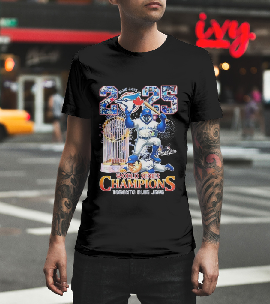 Toronto Blue Jays 2025 World Series Champions Trophy Firework Mascot Celebration T-Shirt