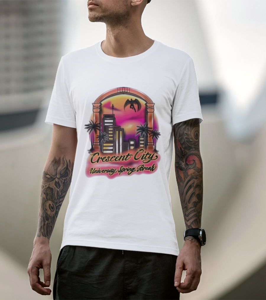 Crescent City University Spring Break Airbrush Tropical Sunset Skyscraper Archway Angel Wings T-Shirt