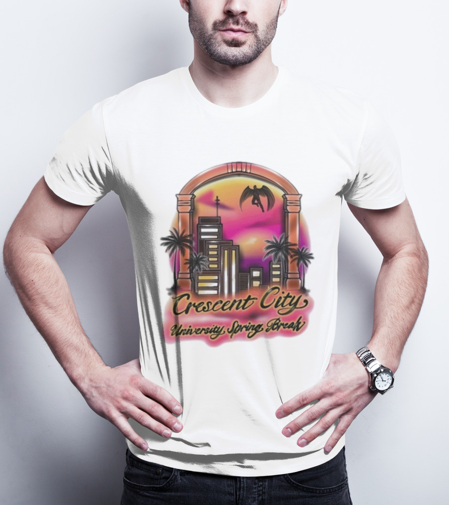 Crescent City University Spring Break Airbrush Tropical Sunset Skyscraper Archway Angel Wings T-Shirt