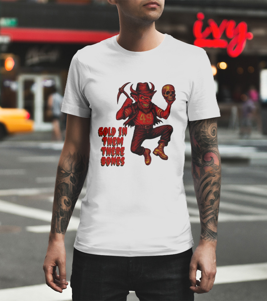 San Francisco 49er Devil Holding Skull Gold In Them There Bones T-Shirt
