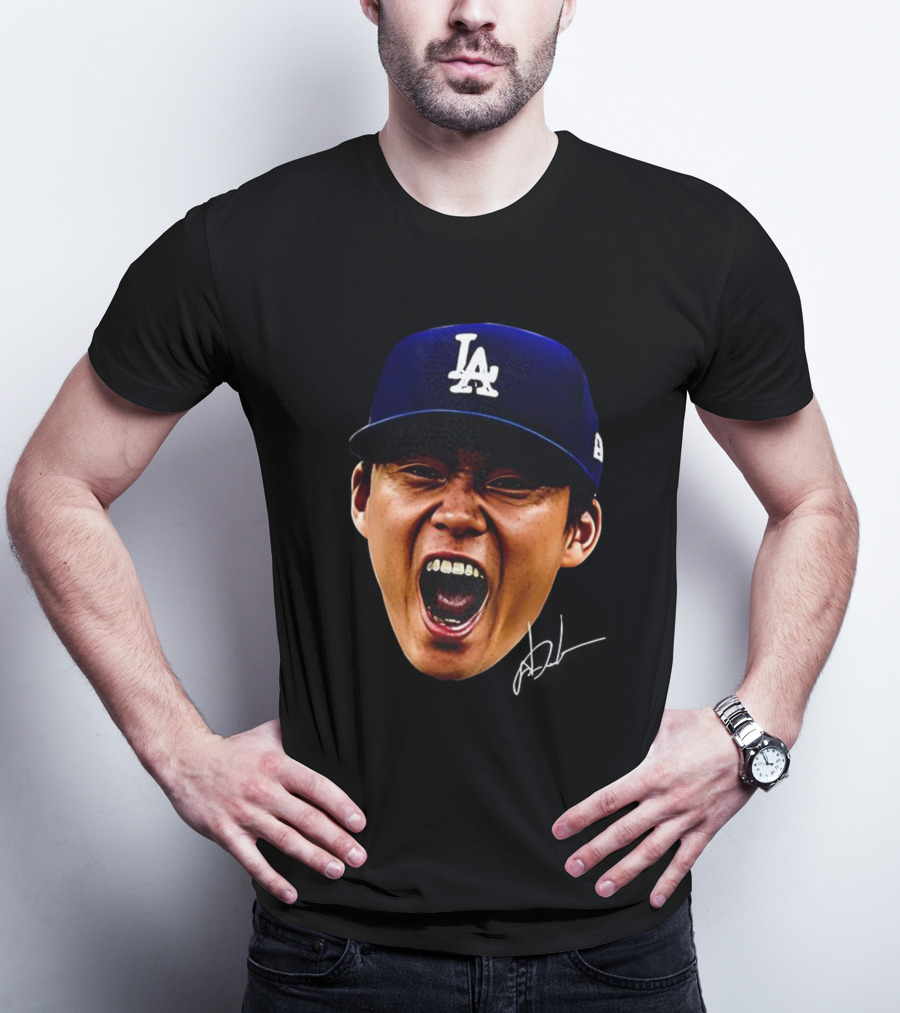 Yoshinobu Yamamoto LA Cap Big Head World Series Champions 2025 Signature T-Shirt