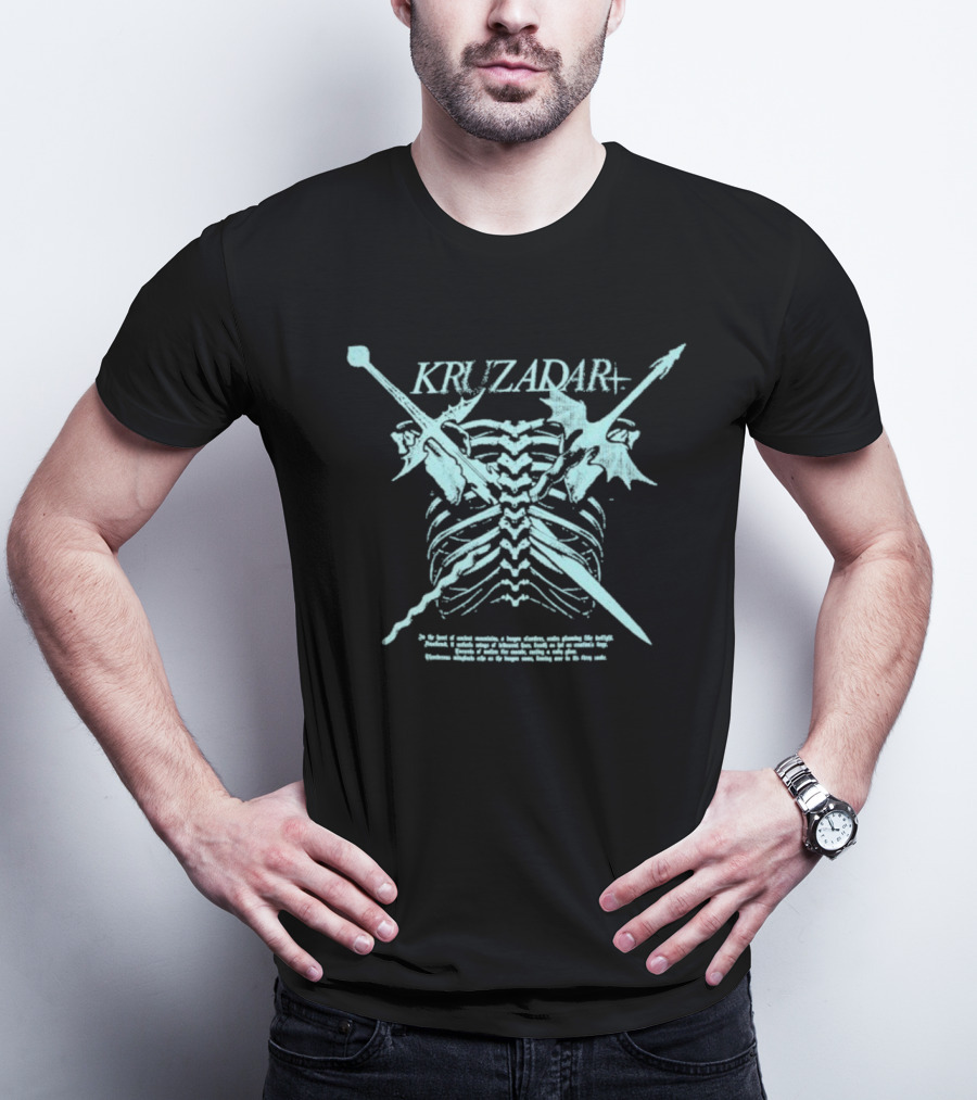 Kruzadar Dragonbone Crossed Swords And Dragon Wings Motif T-Shirt