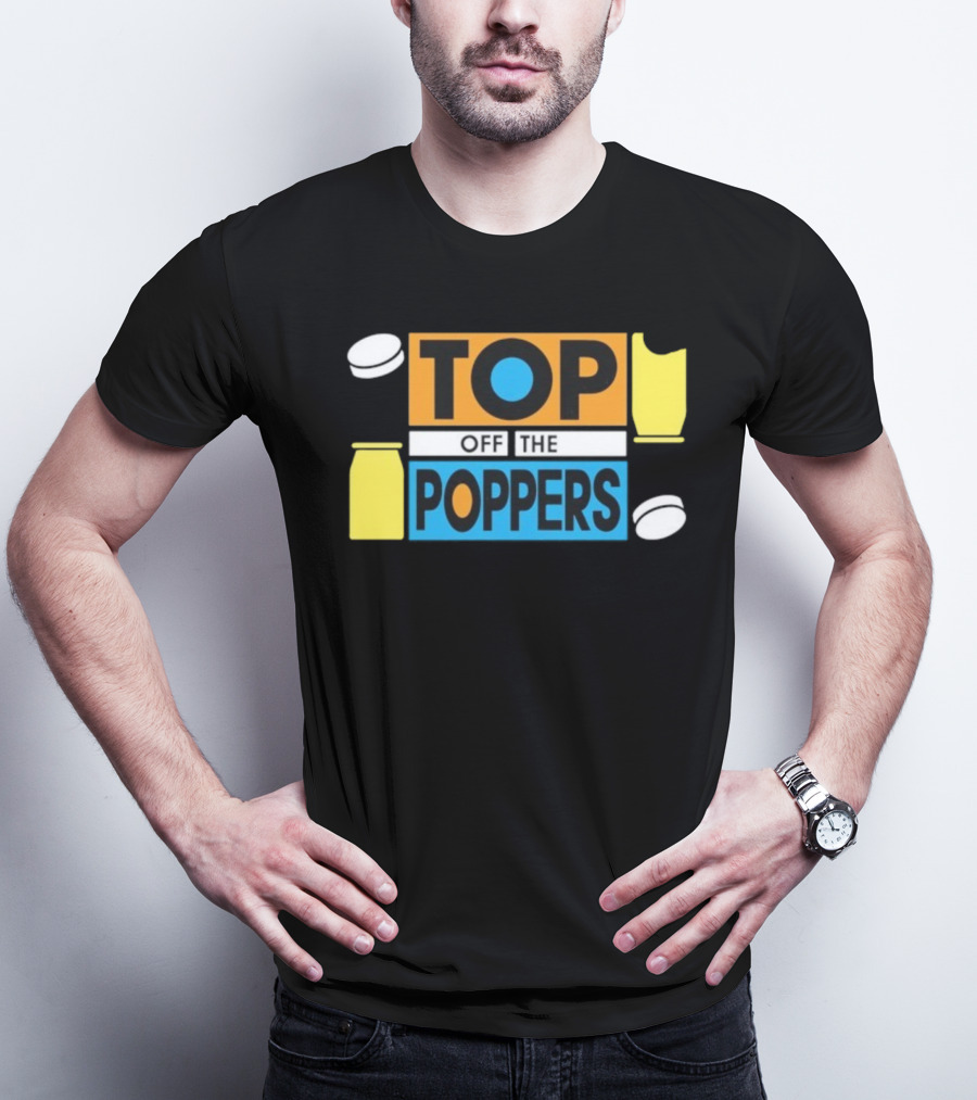 TOP OFF THE POPPERS Yellow And Blue Theme With White Pieces T-Shirt