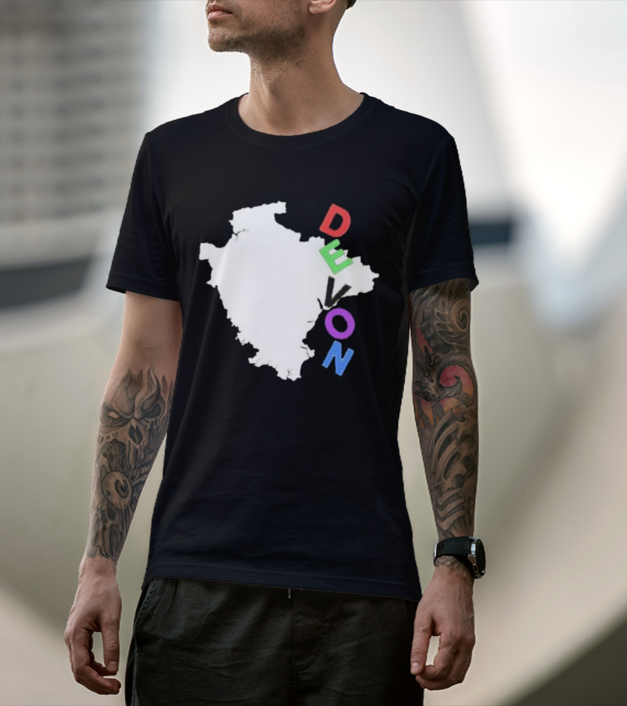 We Are Devon Island Map Outline With Colorful Vertical Text T-Shirt