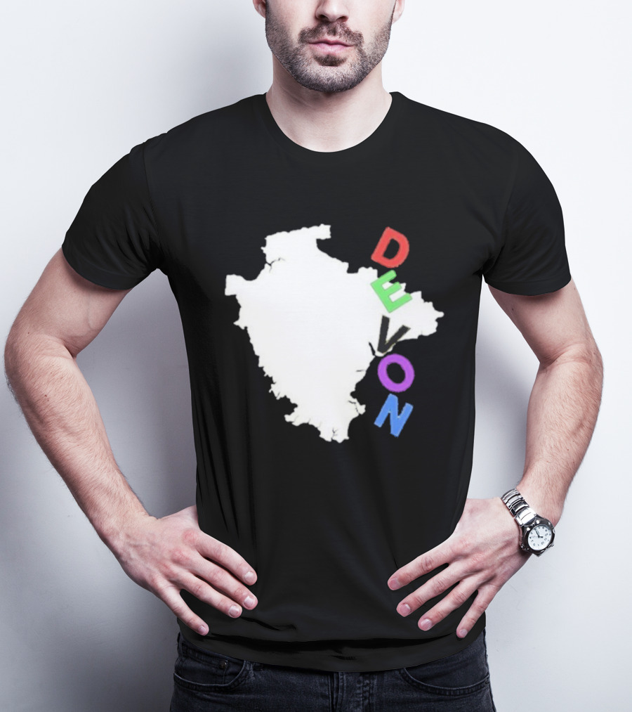 We Are Devon Island Map Outline With Colorful Vertical Text T-Shirt
