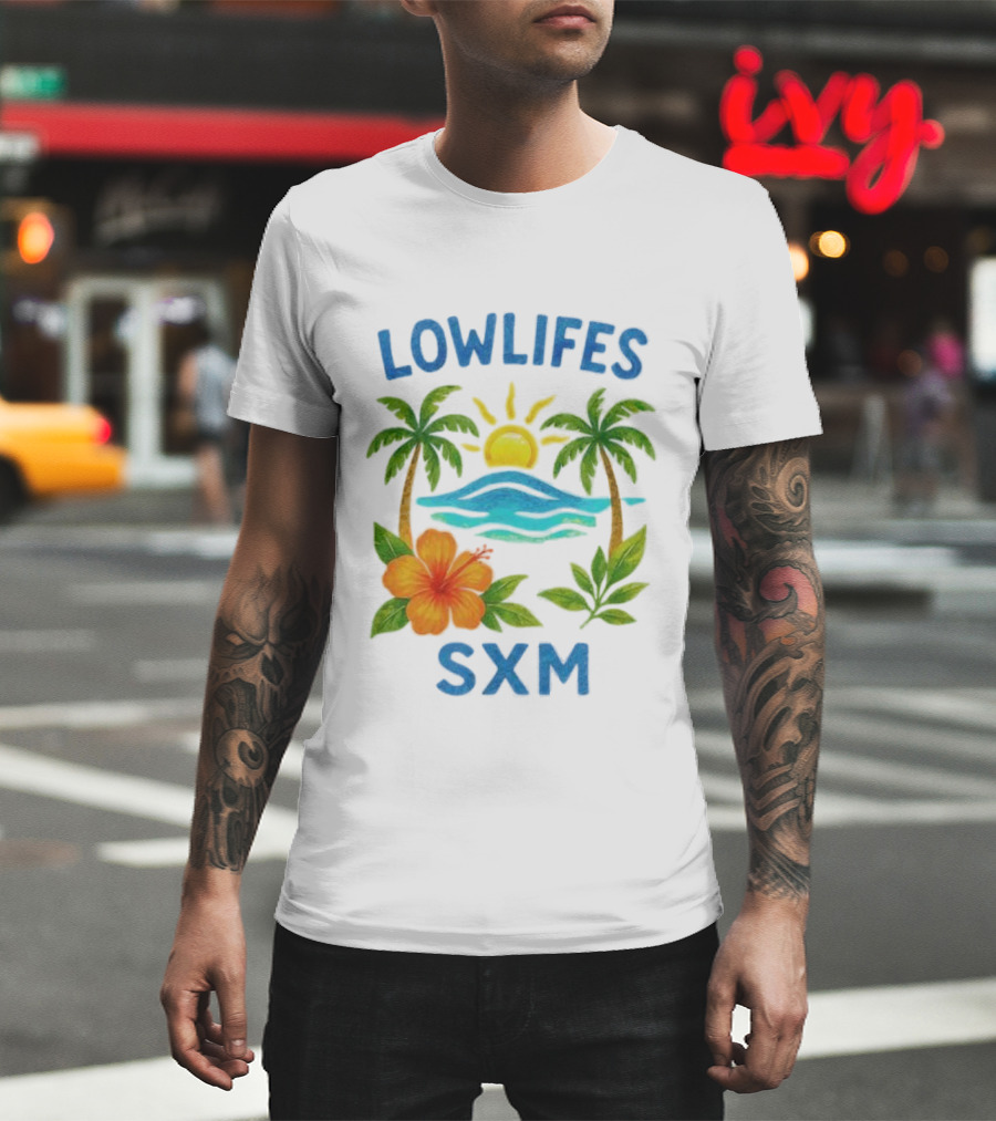 Lowlifes SXM Tropical Sunset 2025 Palms Hibiscus Ocean Sun T-Shirt