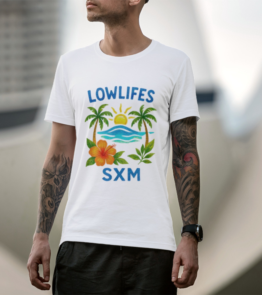 Lowlifes SXM Tropical Sunset 2025 Palms Hibiscus Ocean Sun T-Shirt