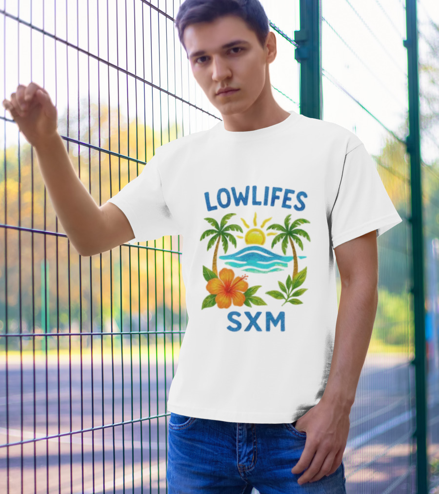 Lowlifes SXM Tropical Sunset 2025 Palms Hibiscus Ocean Sun T-Shirt