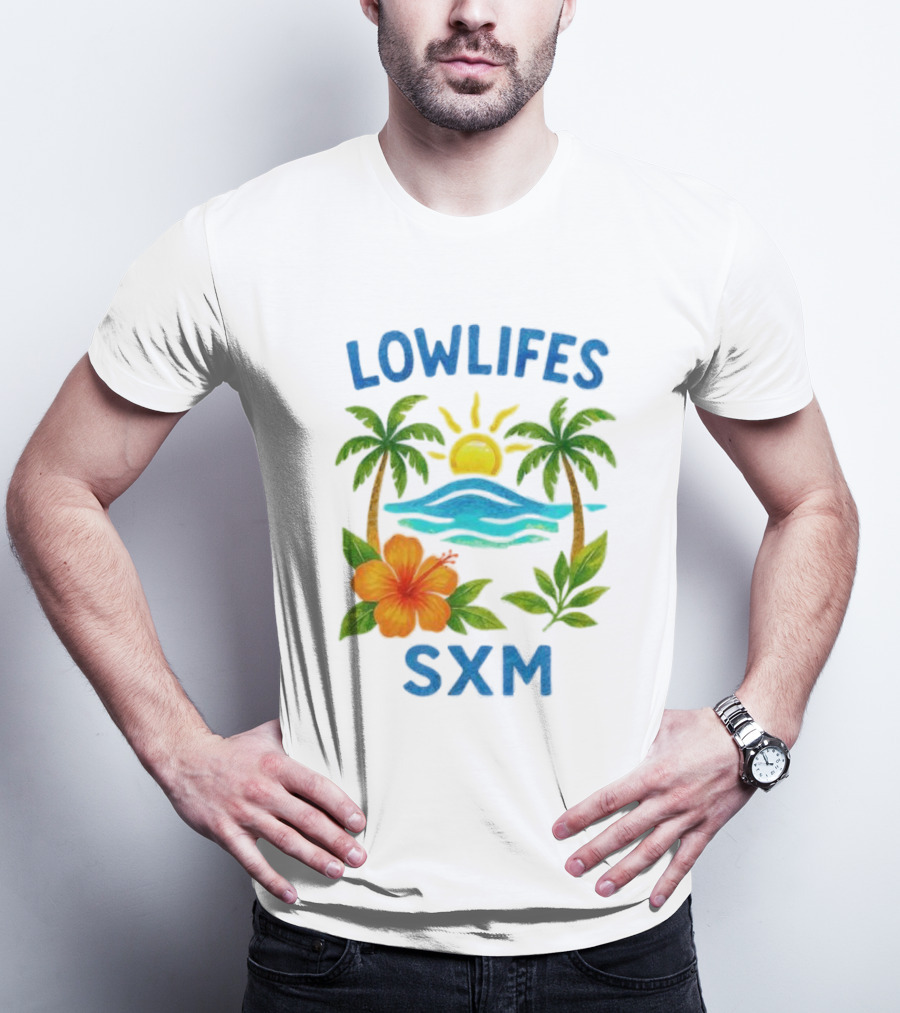 Lowlifes SXM Tropical Sunset 2025 Palms Hibiscus Ocean Sun T-Shirt
