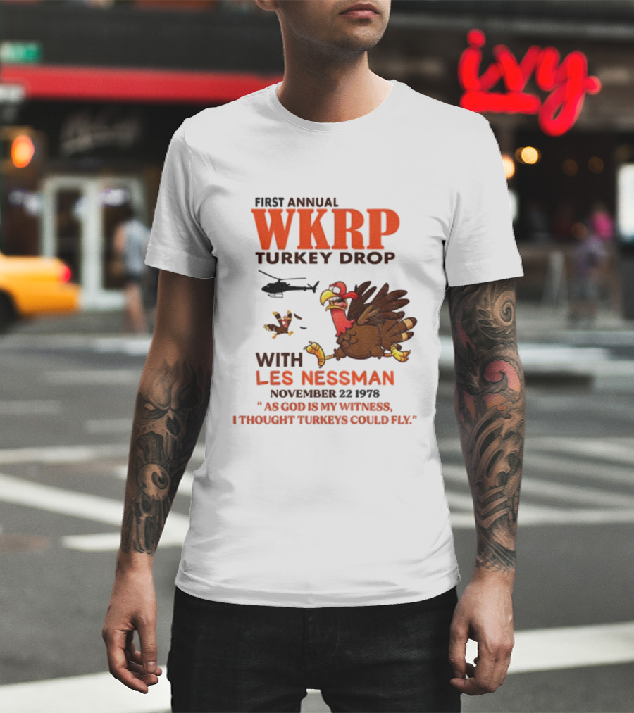Vintage WKRP Turkey Drop First Annual With Les Nessman As God Is My Witness November T-Shirt
