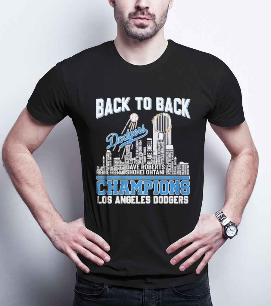 Back To Back Champions Dodgers Trophy Los Angeles Skyline T-Shirt