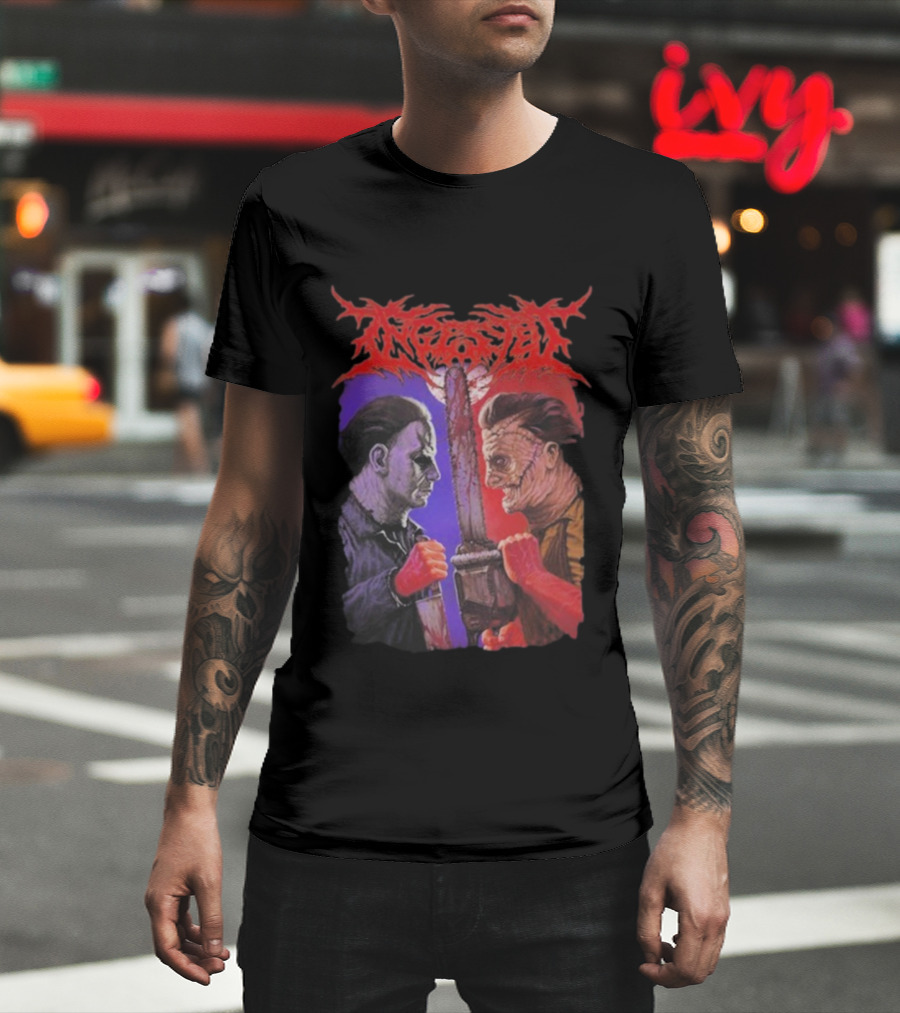 Michael Myers Freddy Krueger Ingested Chainsaw Showdown Graphic T-Shirt