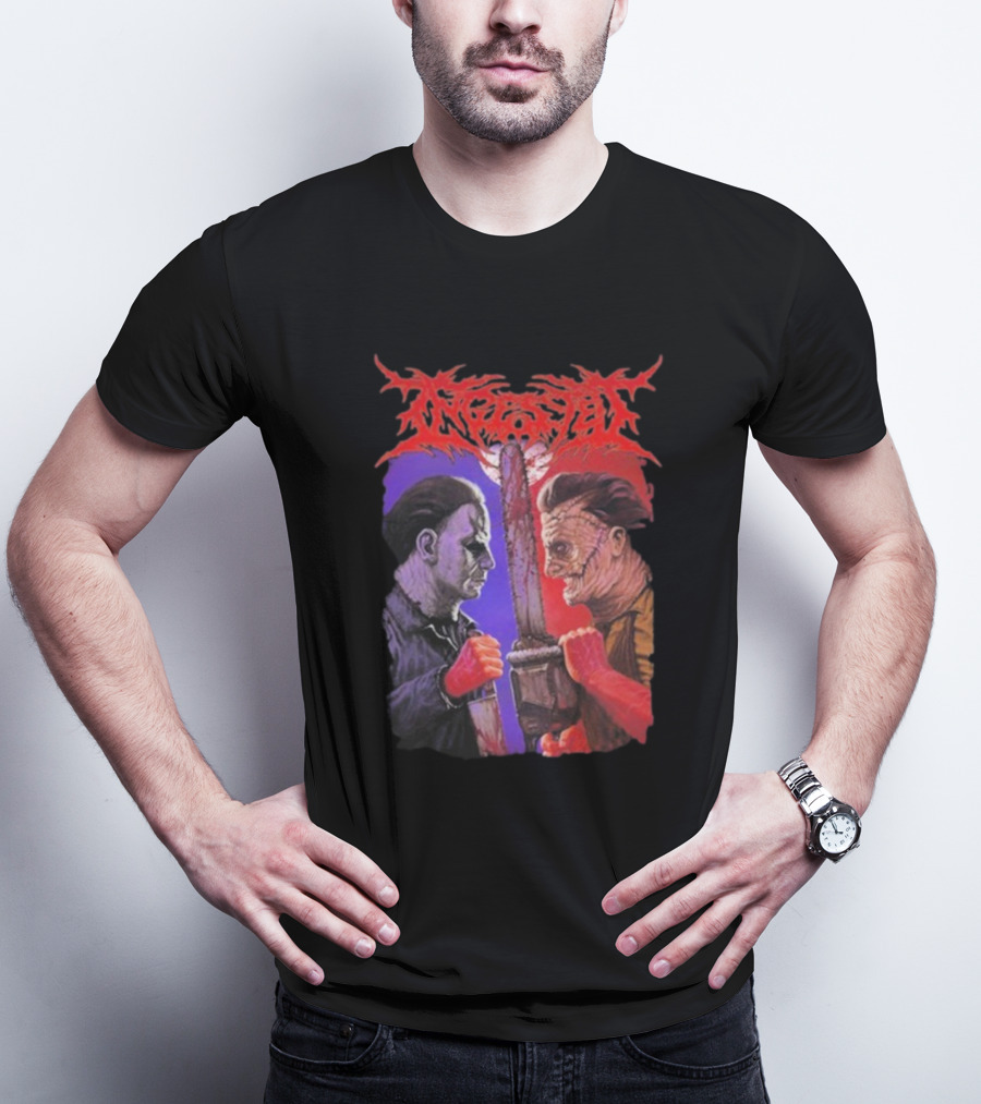 Michael Myers Freddy Krueger Ingested Chainsaw Showdown Graphic T-Shirt