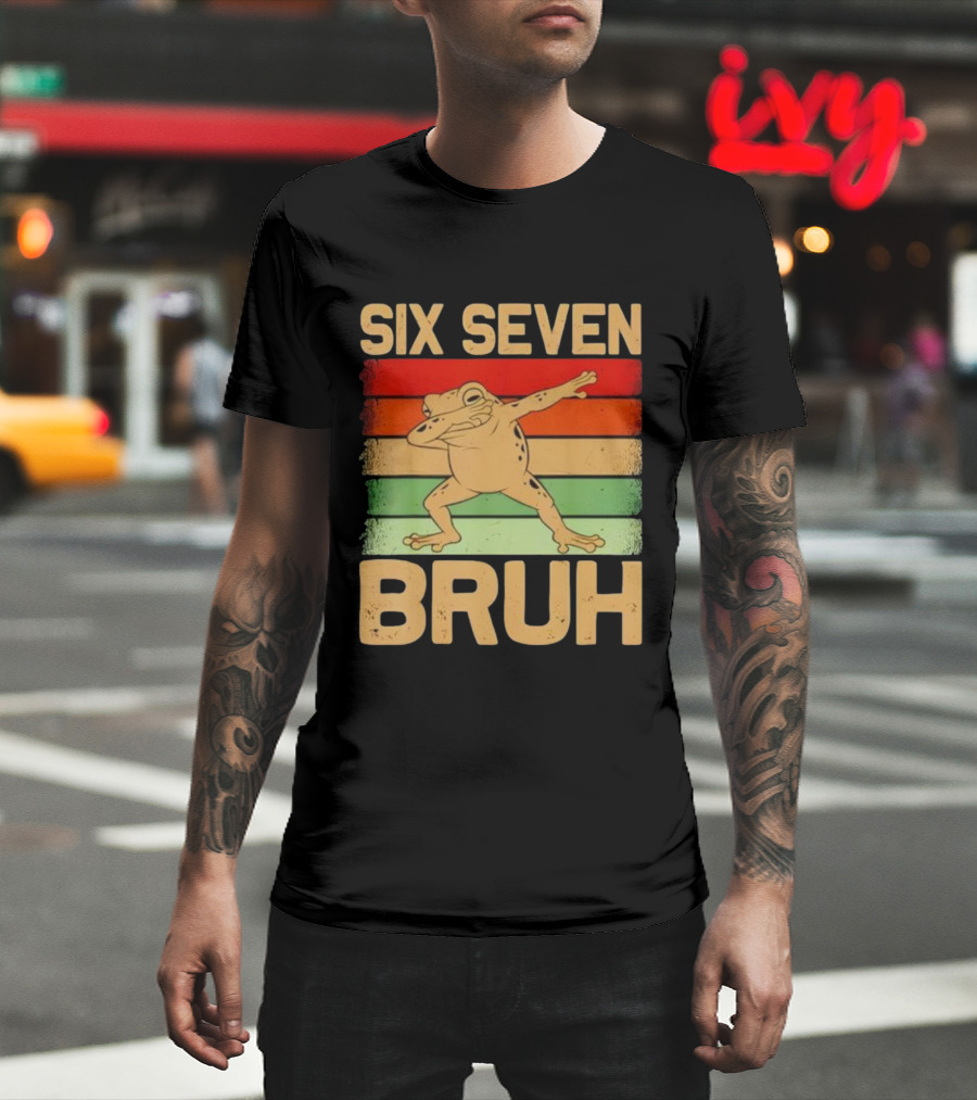 Six Seven Bruh Dab Frog Retro Stripes T-Shirt