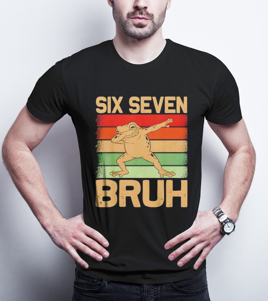 Six Seven Bruh Dab Frog Retro Stripes T-Shirt