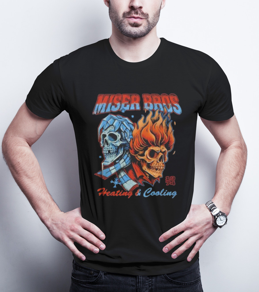 Miser Bros Heating And Cooling 1974 Skull Design T-Shirt