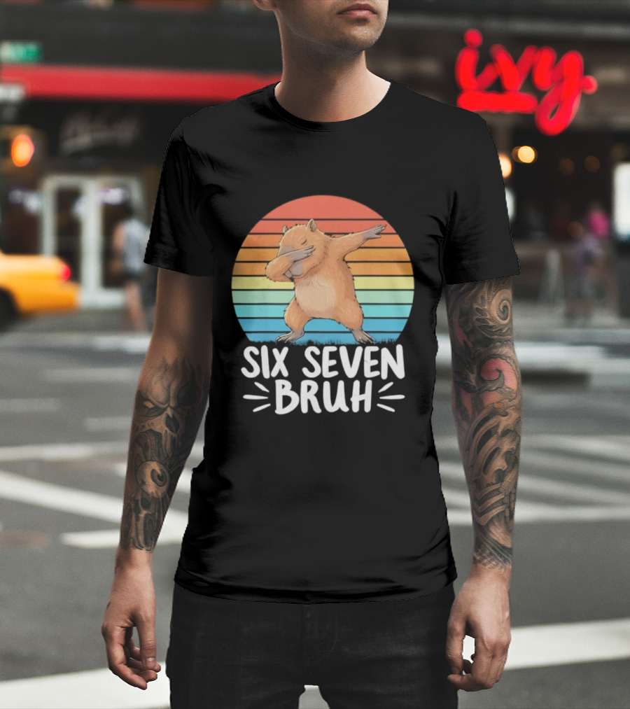67 Meme Capybara Dabbing Six Seven Bruh Rainbow Retro T-Shirt