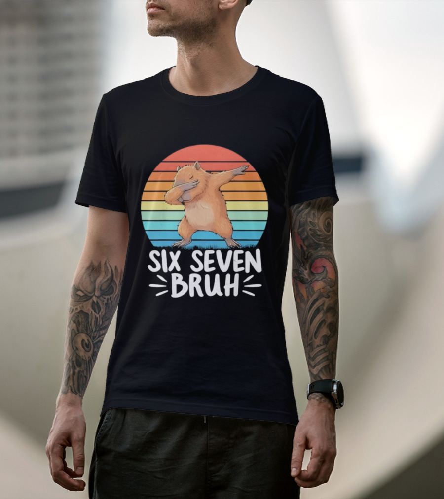 67 Meme Capybara Dabbing Six Seven Bruh Rainbow Retro T-Shirt