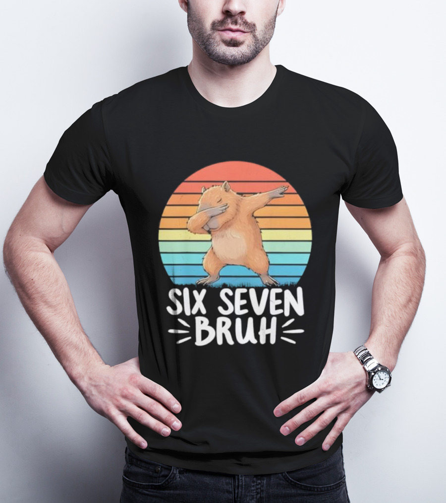 67 Meme Capybara Dabbing Six Seven Bruh Rainbow Retro T-Shirt