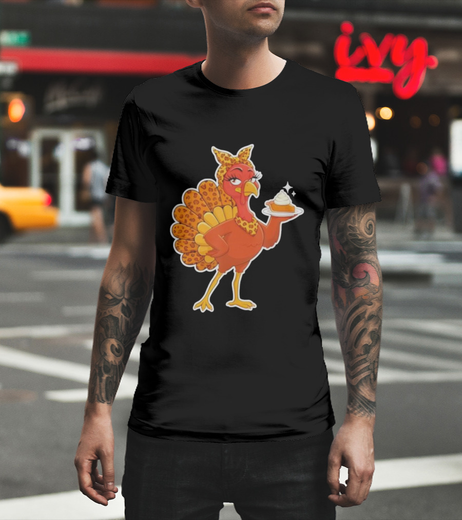 Leopard Print Turkey With Pumpkin Pie Thanksgiving T-Shirt