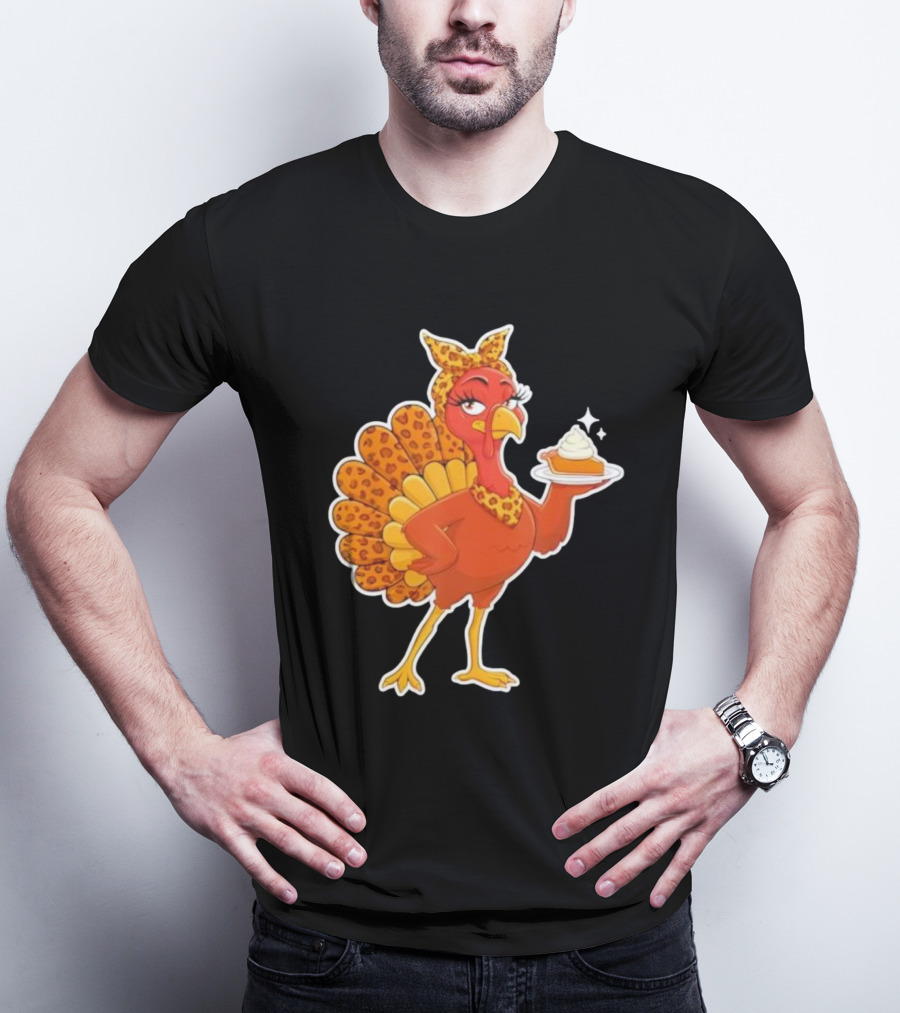 Leopard Print Turkey With Pumpkin Pie Thanksgiving T-Shirt