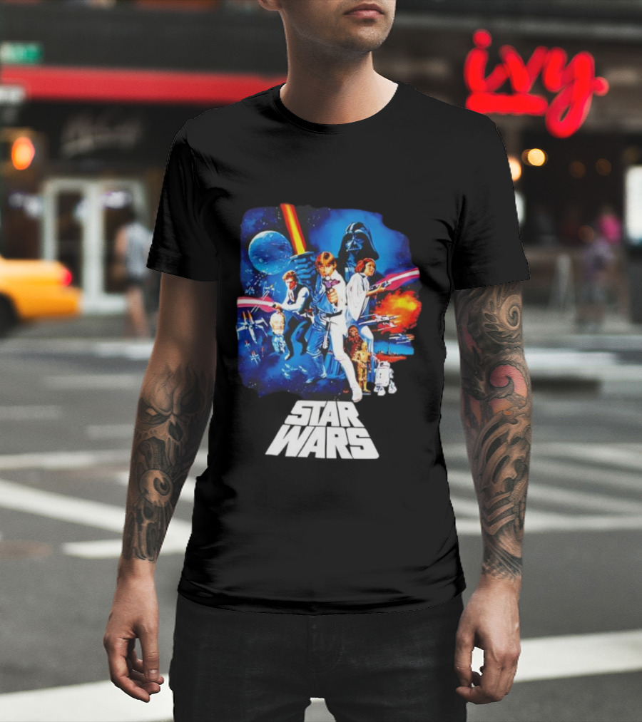 Star Wars New Hope Retro Darth Vader Luke Skywalker Leia Han Solo Chewbacca R2-D2 C-3PO Vintage Galactic Battle Scene T-Shirt