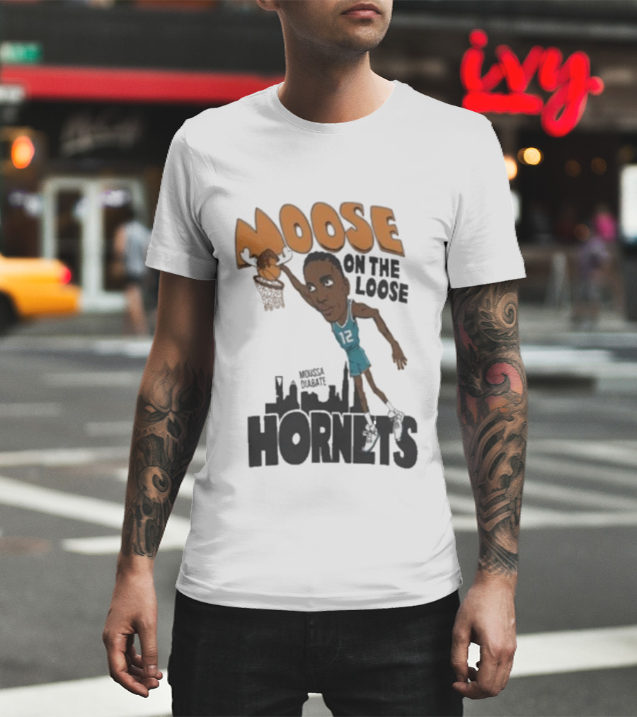 Moose On The Loose Hornets Moussa Diabate Caricature Dunk T-Shirt
