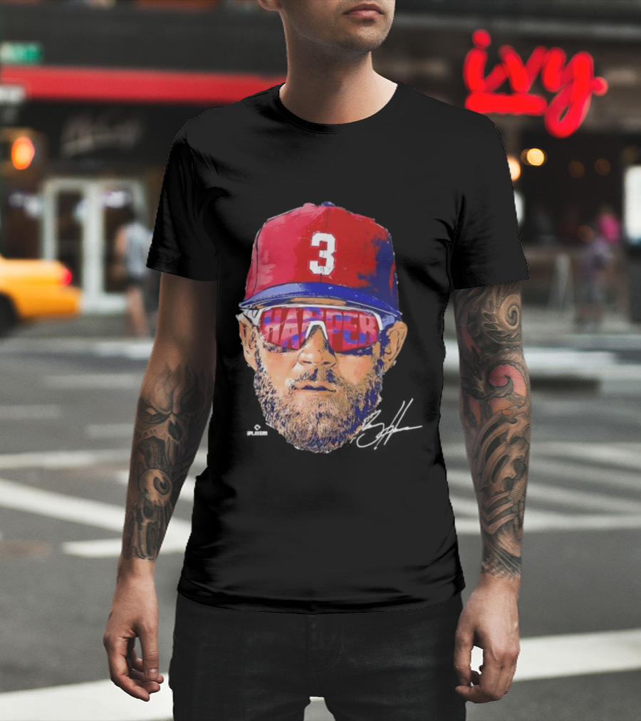 Philadelphia Phillies Bryce Harper Signature Head 3 Cap Sunglasses T-Shirt