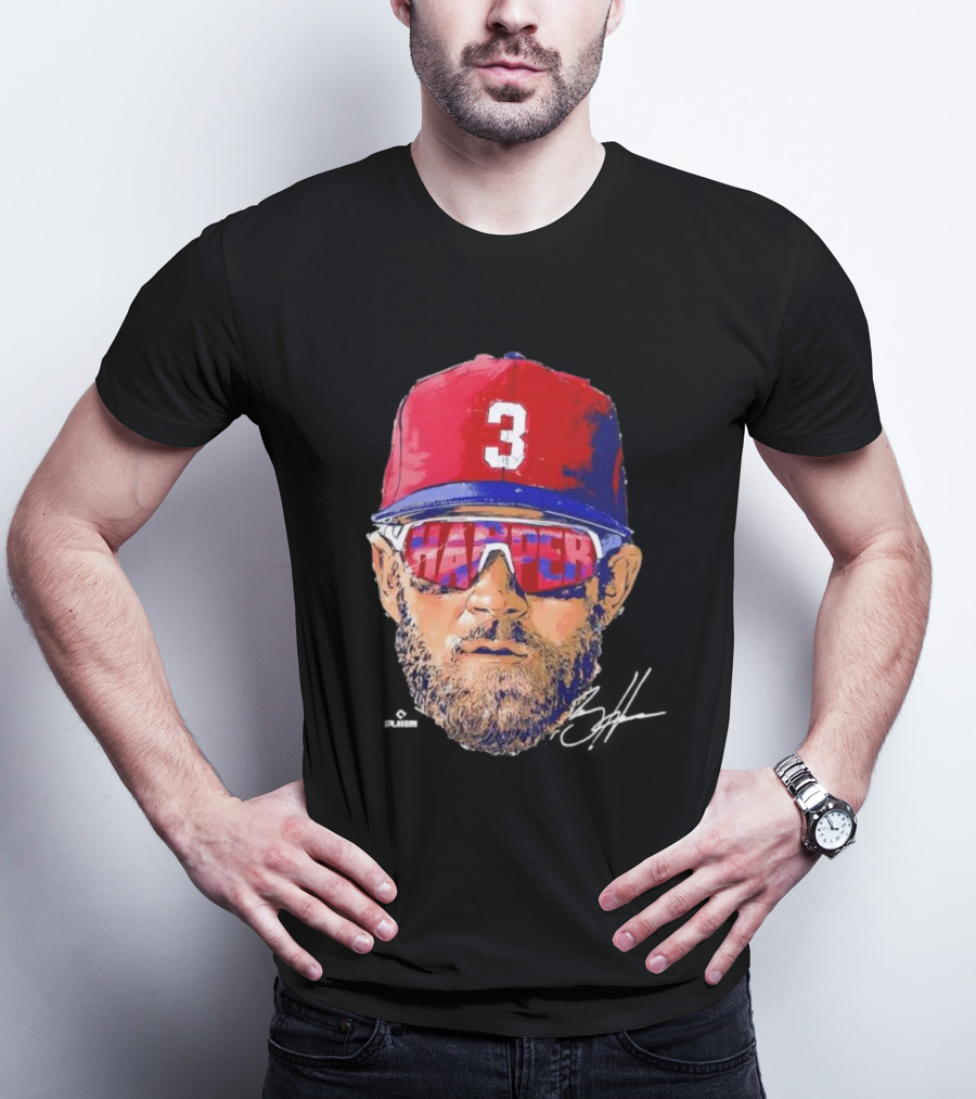 Philadelphia Phillies Bryce Harper Signature Head 3 Cap Sunglasses T-Shirt