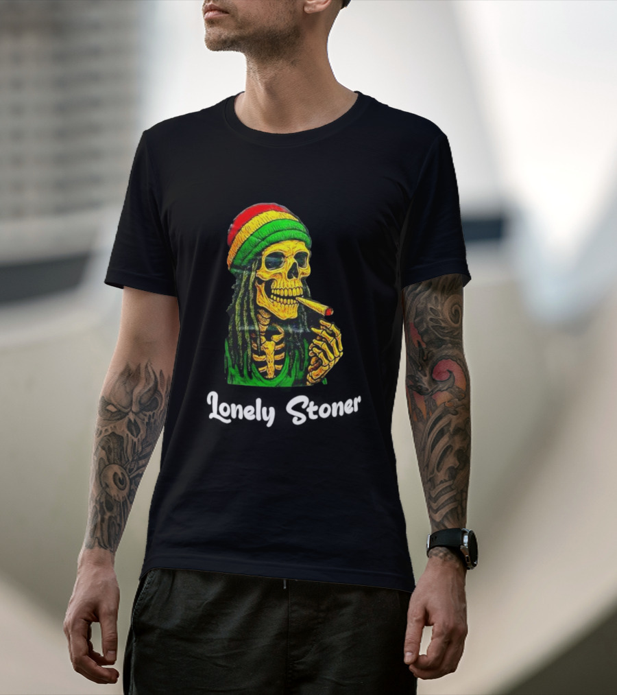 Lonely Stoner Dreadlocked Skull Smoking Rasta Colors T-Shirt