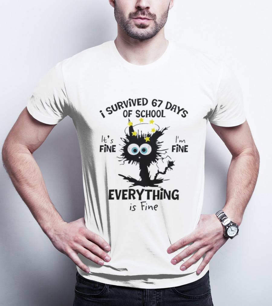 I Survived 67 Days Of School Cat Everything Is Fine Stars Eyes T-Shirt
