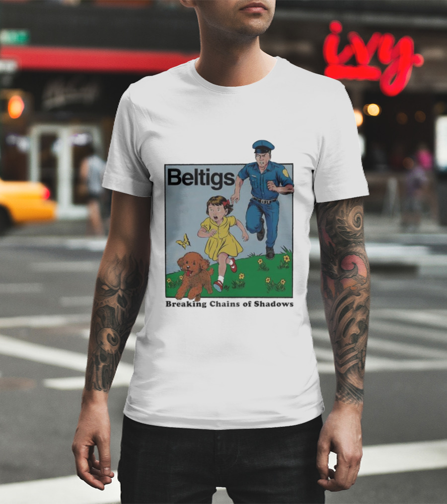Beltigs Escape Run With Policeman Girl Dog And Butterfly T-Shirt