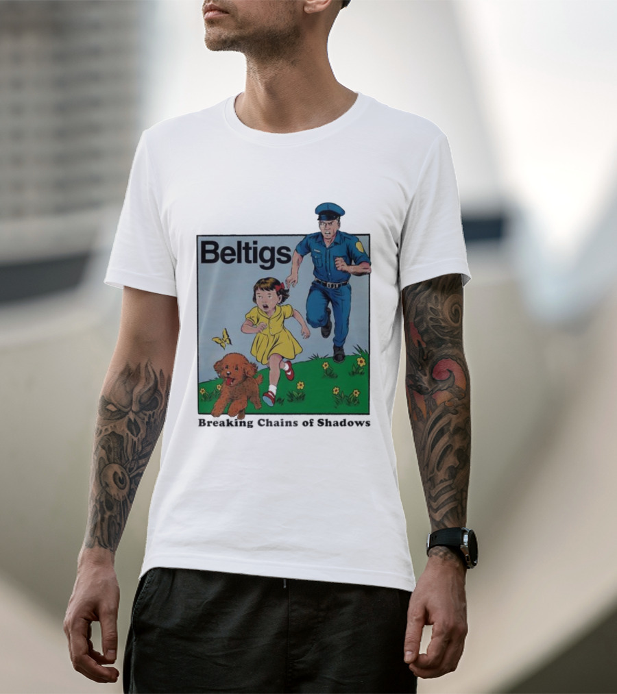 Beltigs Escape Run With Policeman Girl Dog And Butterfly T-Shirt