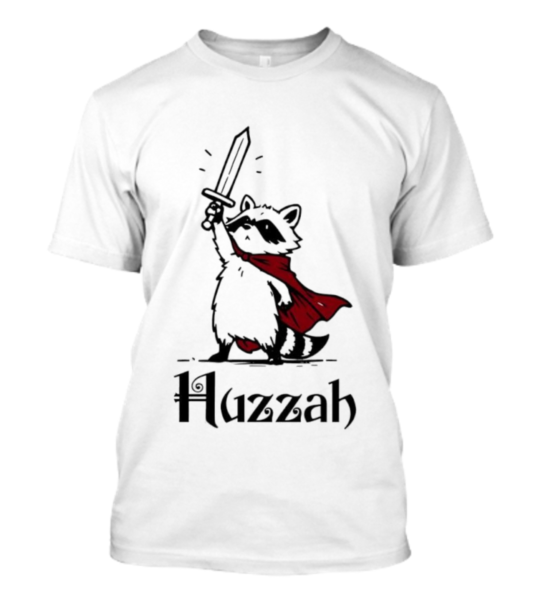 Raccoon Warrior Huzzah Red Cape Sword Heroic Pose T-Shirt