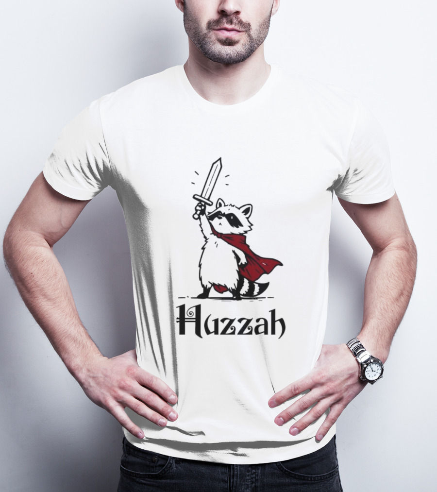 Raccoon Warrior Huzzah Red Cape Sword Heroic Pose T-Shirt