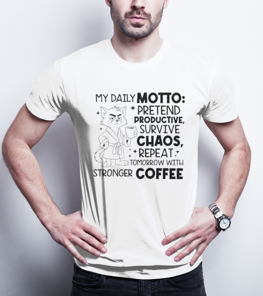 Cat My Daily Motto Survive Chaos Repeat Tomorrow With Stronger Coffee T-Shirt